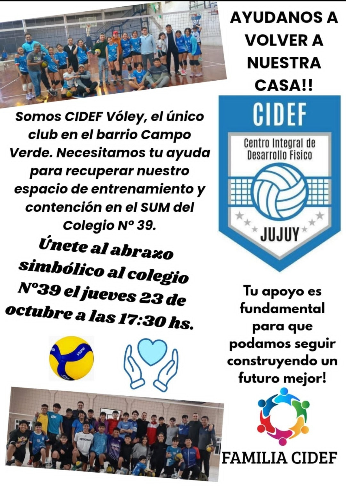 CIDEF Vóley convoca a un abrazo simbólico para recuperar su espacio de entrenamiento